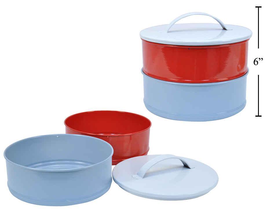 RETRO 2pc Enamel Round Stackable Containers, 7.5"dia, 6"(H), brn box