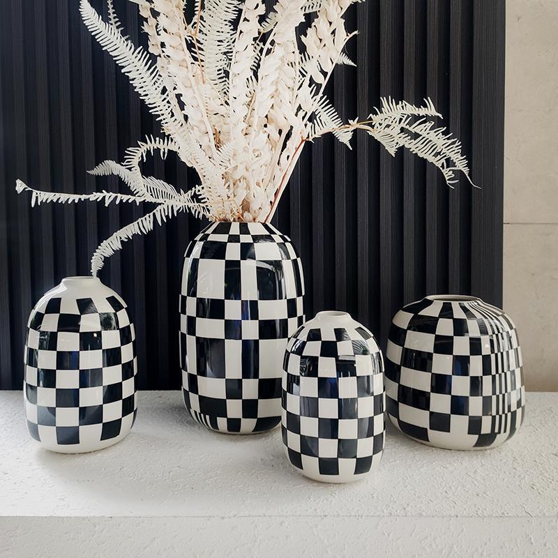 Checkered Ceramic Vase, 6.3"H