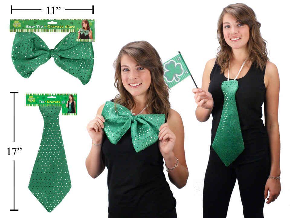 St.Pat's Tie, 2 styles, Green col., 17"Necktie & 14"Bowtie, header card