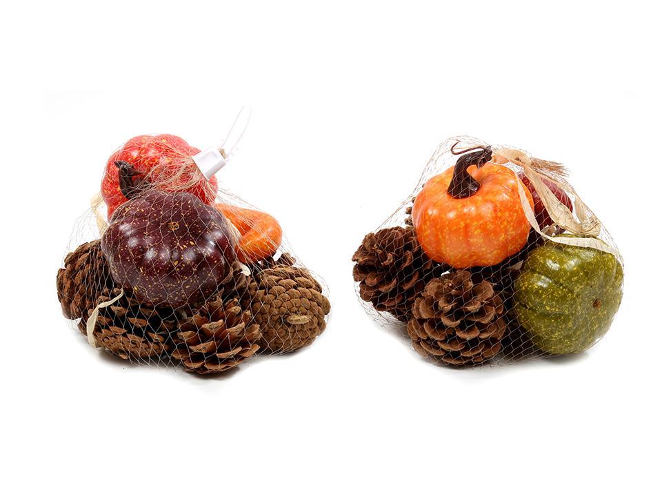 Harvest Pumpkins & Pinecones Deco Set, 2asst., net bag w/cht