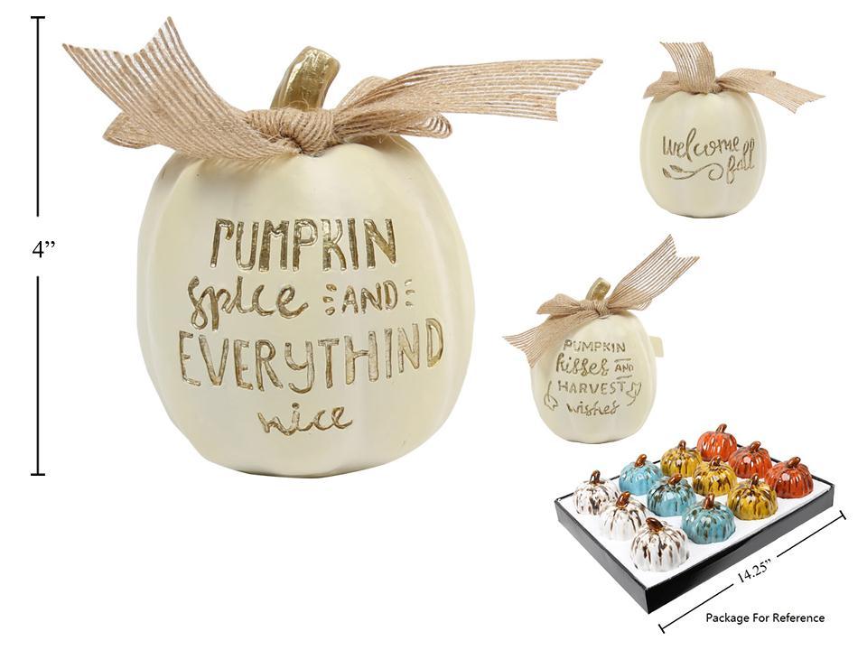 Harvest 3.95'' Polyresin Greeting Tabletop Pumpkin, 3/s, 12/PDQ, upc