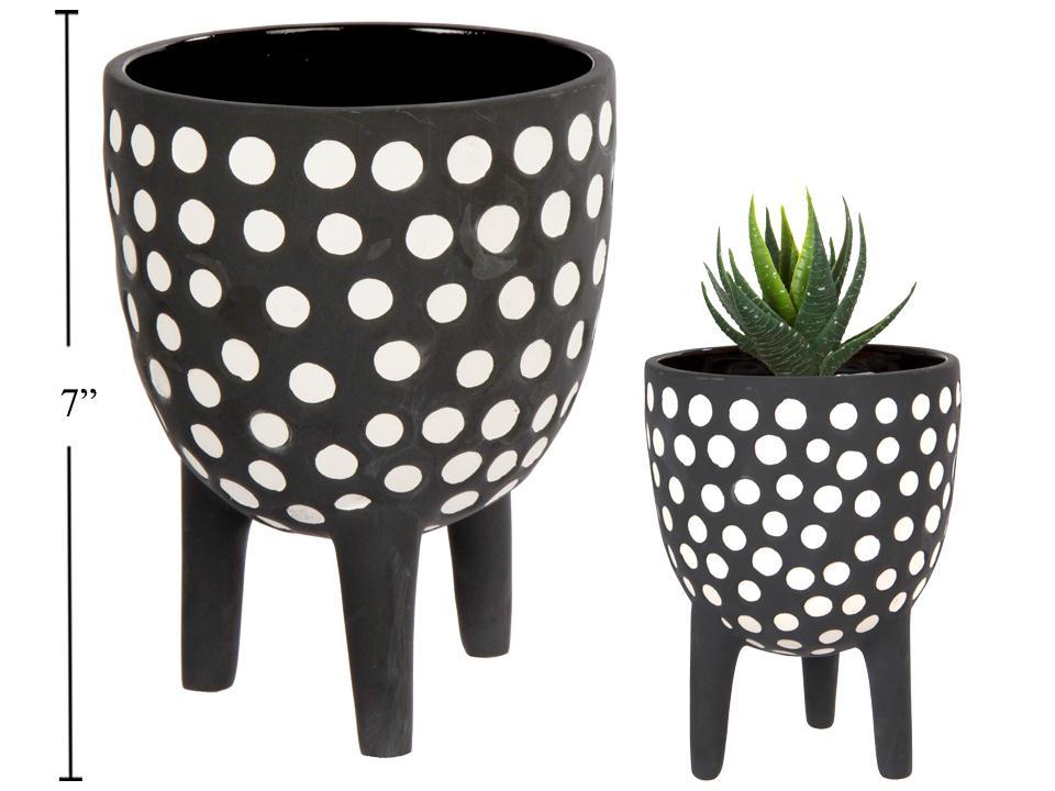 Footed Ceramic Planter, B/W Dotted, 5.3"D x 7"H, bbx