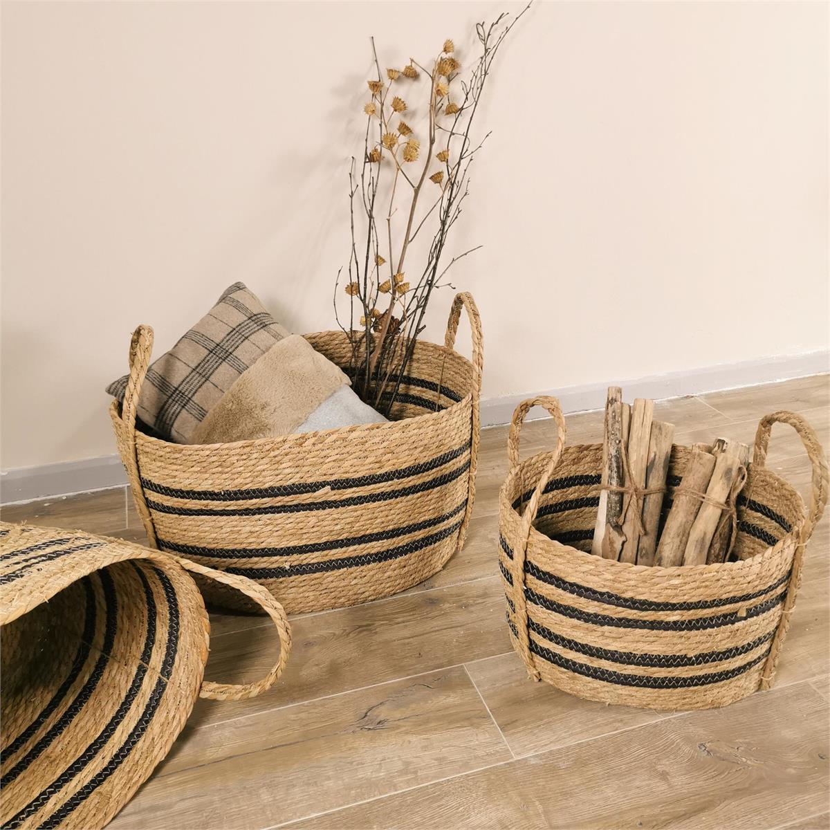 Set of 3 Farmhouse Storage Baskets w/Handles, 20"/17.5"/15"L