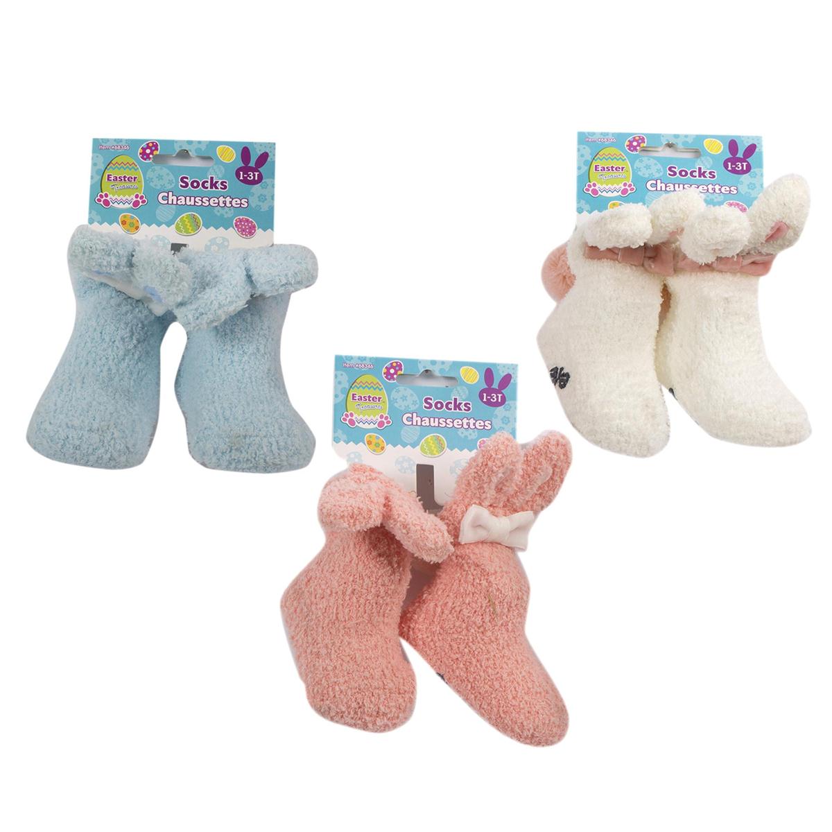 Easter Bunny Ears Anti-Slip Socks w/Pom Pom Tail, 3/c,age:1-3 yrs,h/c