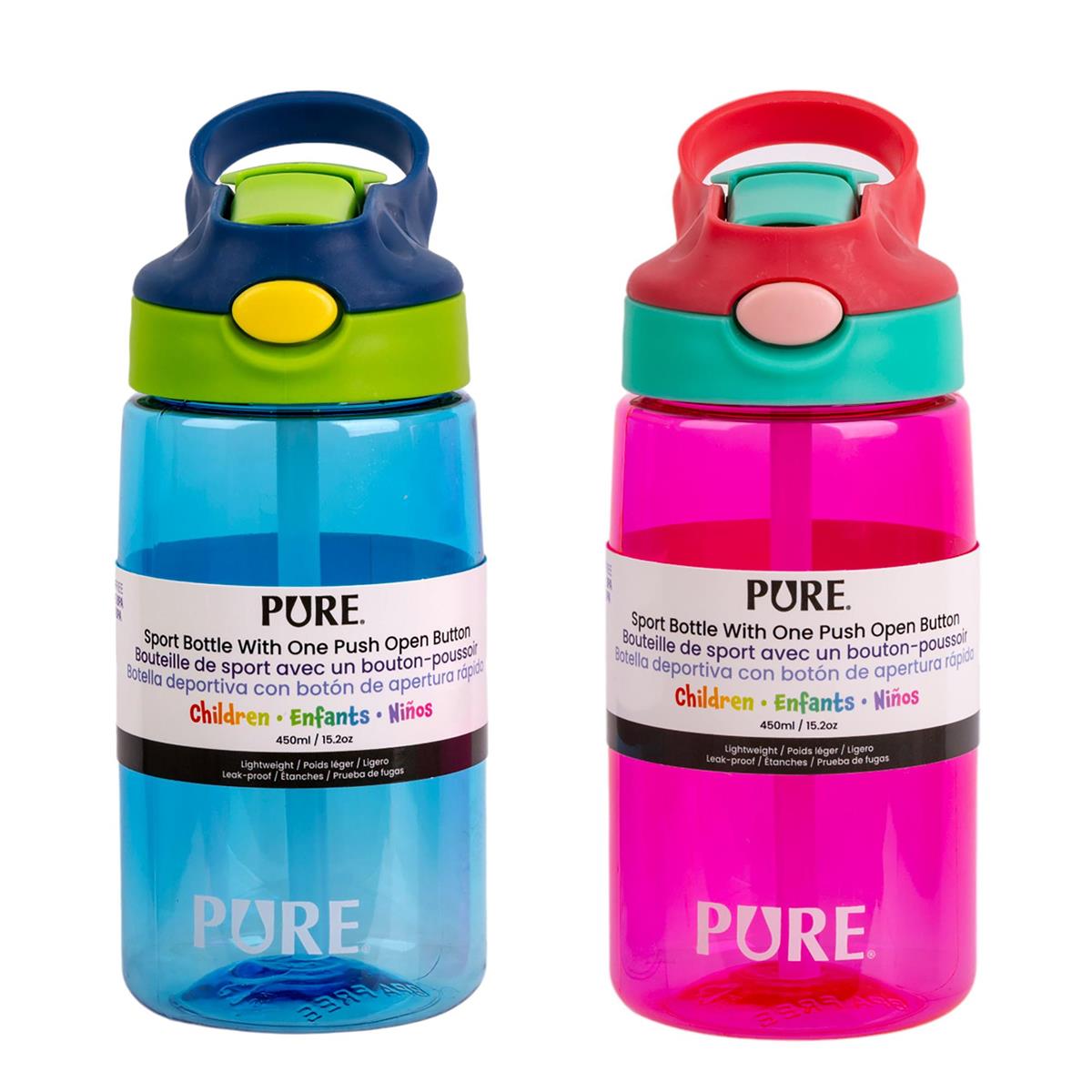 PURE 450ml Sport Bottle w/ One Push Open Button, 2 col., tag, 12/PDQ