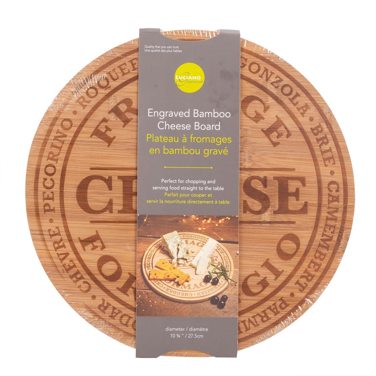 L. Gourmet, Engraved Bamboo Cheese Board,10.75" dia.,shrink,col.sleeve
