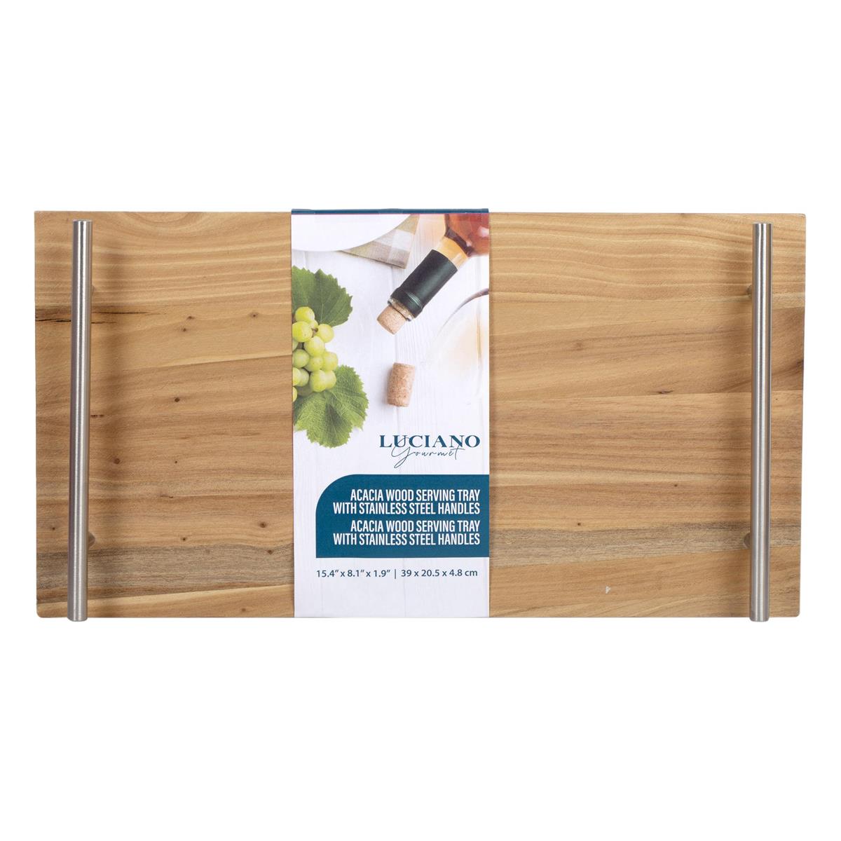 L.Gourmet Acacia Wood Serving Tray w/ Handle, 15.25x8.25", wrap card