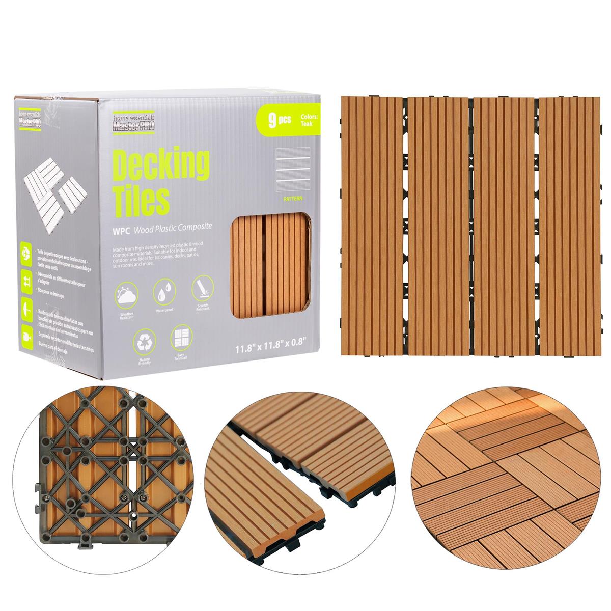 Master Pro, 9-PC Decking Tiles WPC, Teak color, 11.8"x11.8"x0.8"