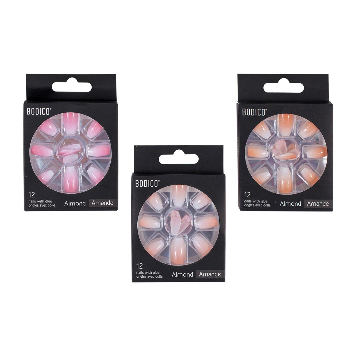 Bodico, 12pc Ombre French Nails w 2g Glue, 3 asst, col box