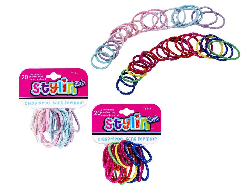 Kids 20-pc Ponyholders w/Mylar, Clasp Free, 2 styles