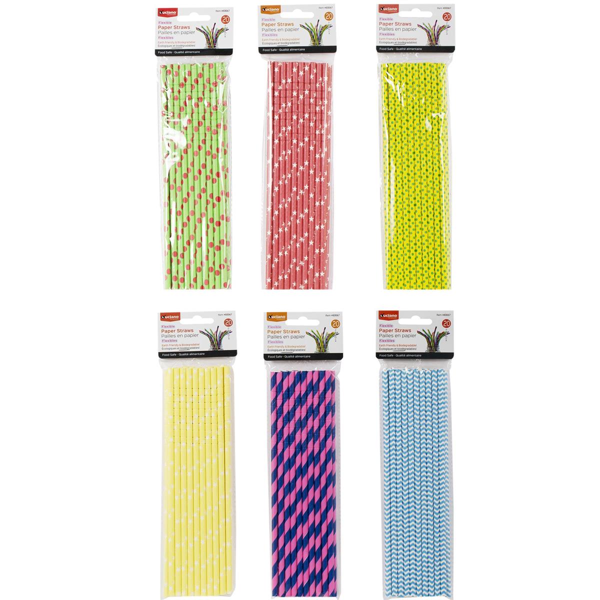 Luciano 20-pc Flexible Paper Straws 23cm L, 6 styles, pbh