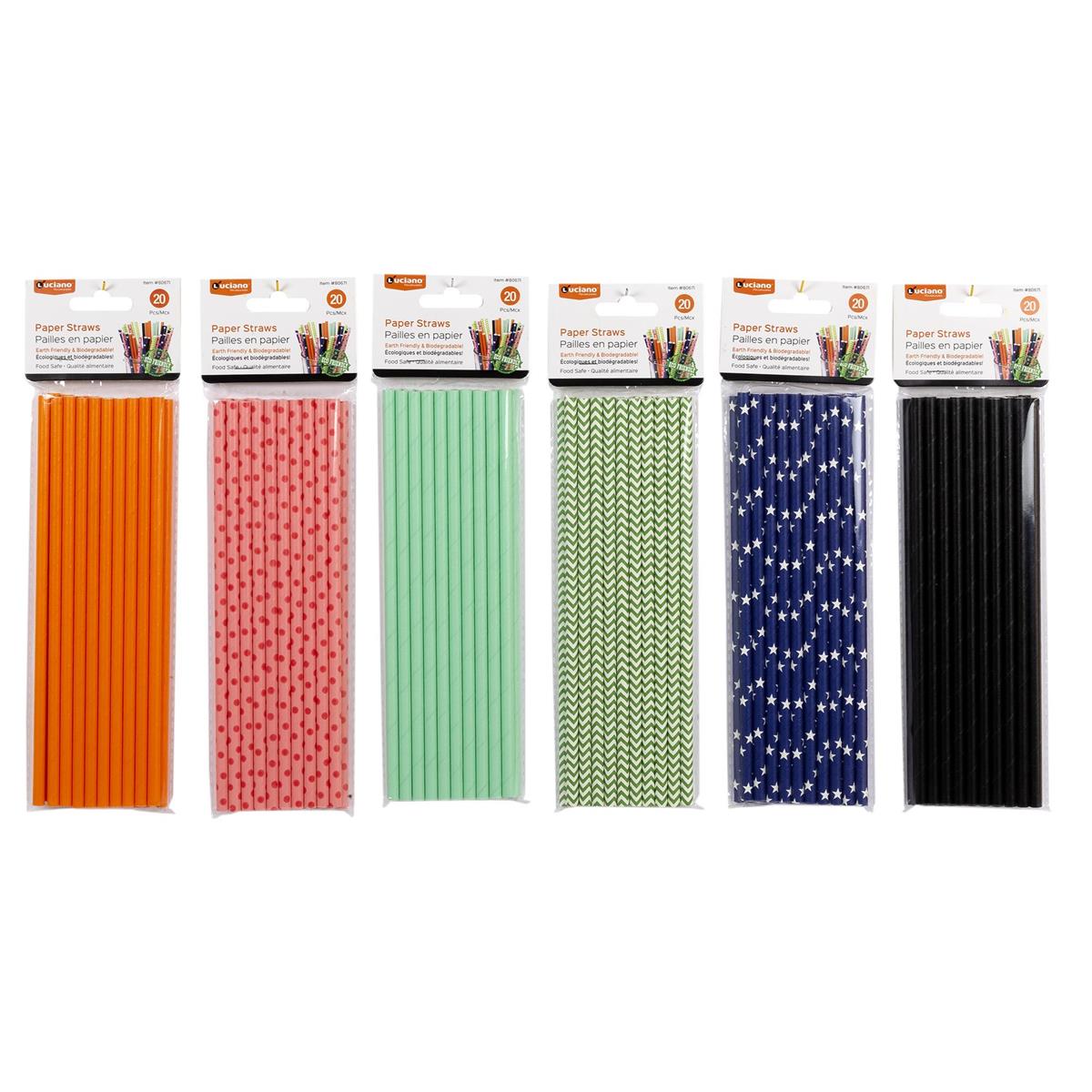 Luciano 20-pc Paper Straws 19.5cm L,6 styles, pbh (#80066)