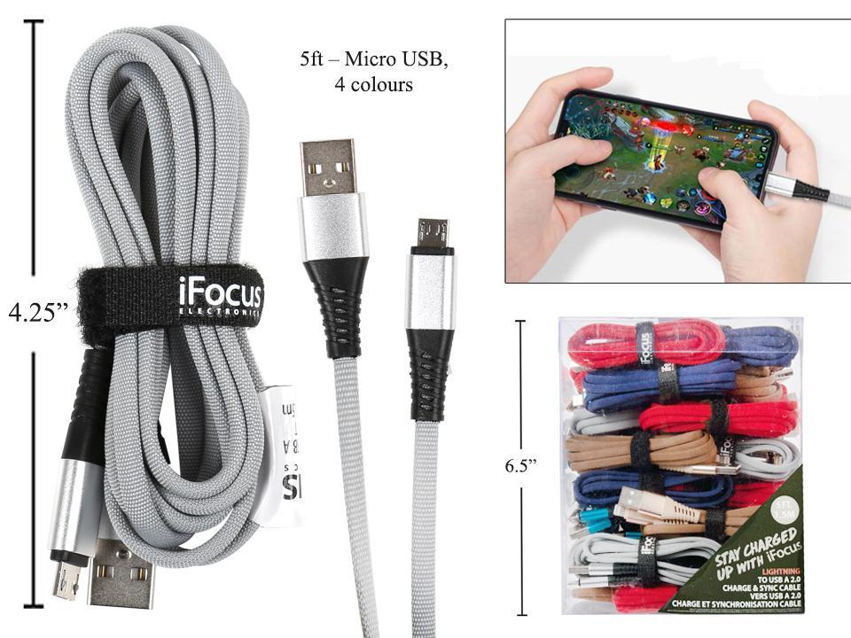 iFocus 5ft. Micro USB Data cable 4C,Velcro strap. Bundle