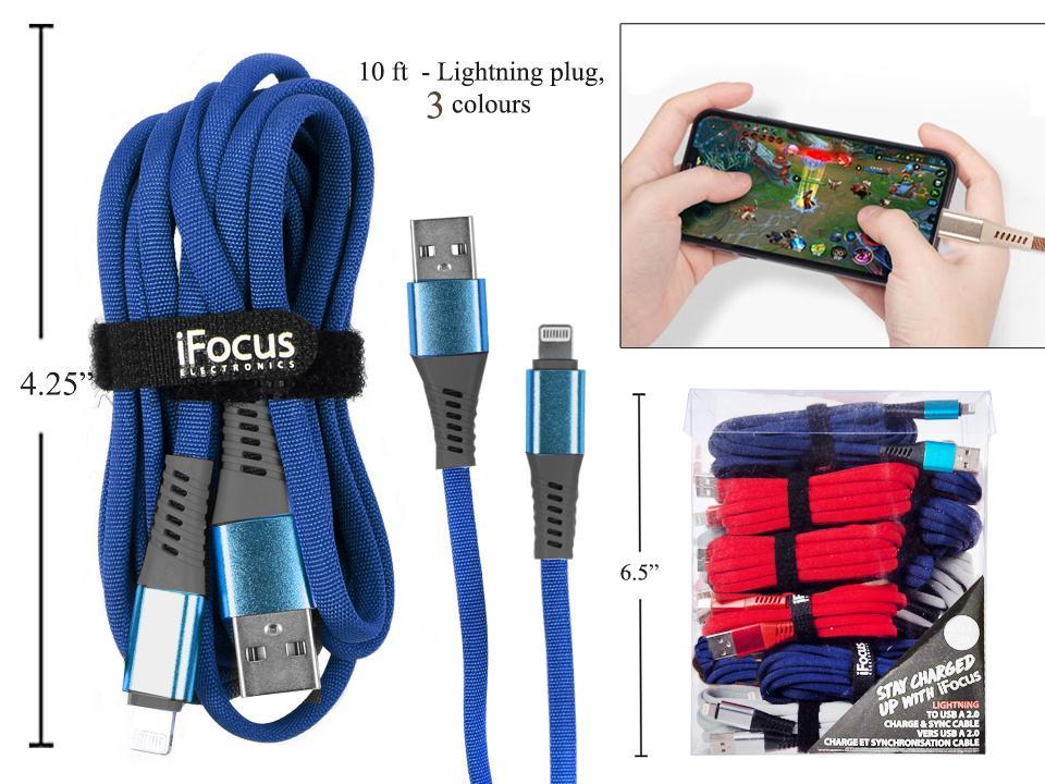 iFocus 10ft Lightning Data cable 3C, Velcro strap, bundle