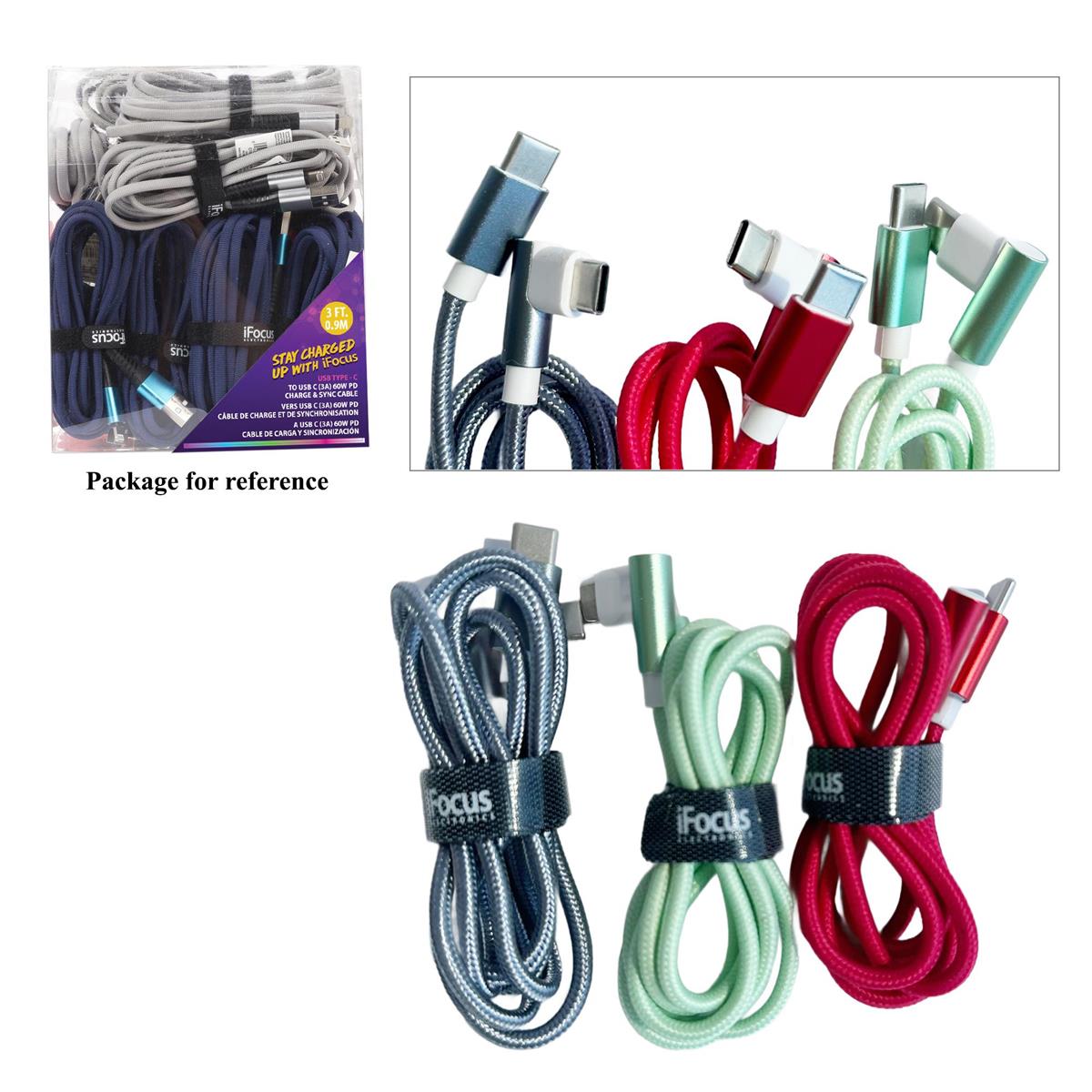 iFocus 3ft.USB-C 3A Gaming Cable 90 deg. Velcro strap, bundle