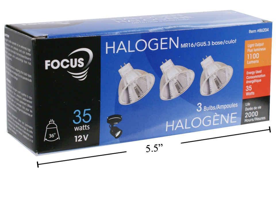 Focus E., MR-16 GU5.3 Base, 12V 35W 3 Pack Halogen Light, colour box