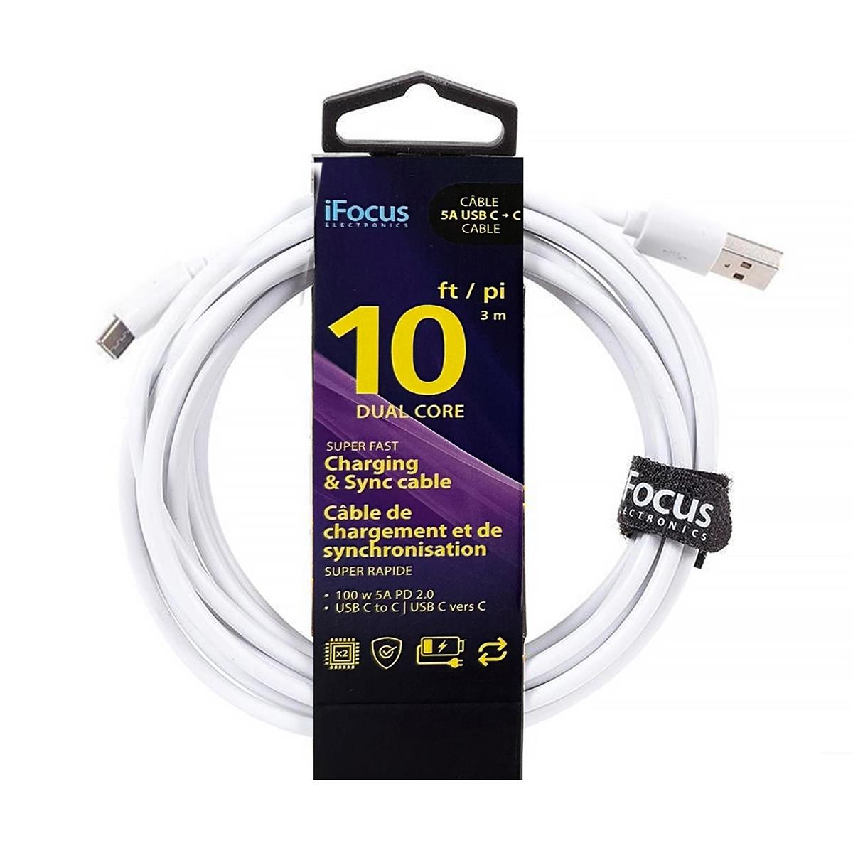iFocus, 10 ft. USB-C data cable Syn Cbl,Wht,w/ strap