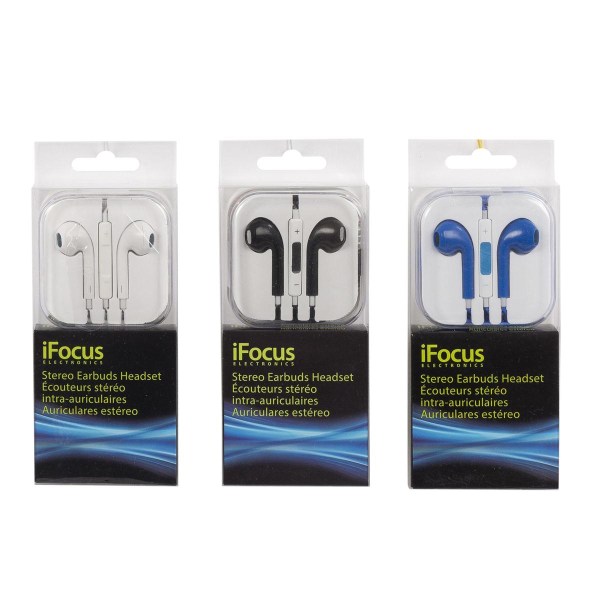 iFocus, 3.5mm Earbuds, 3 col, pvc hanging box w/ sticker (DCS)