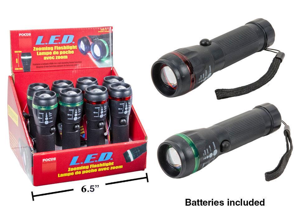 Focus Elec. LED Zooming Flashlight, 2 col, 12/dsp BATT INCL