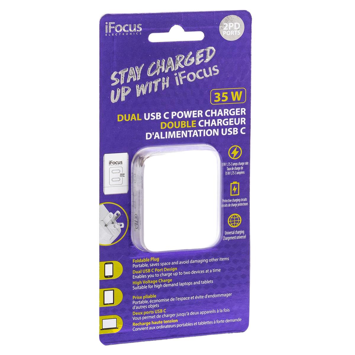 iFocus Dual USB C 35W PD Charger, 5V-20V/3A-1.75A Shared Power