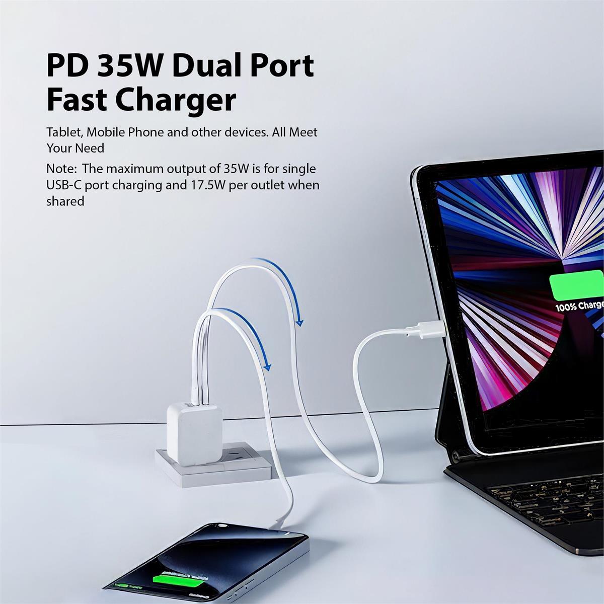 iFocus Dual USB C 35W PD Charger, 5V-20V/3A-1.75A Shared Power