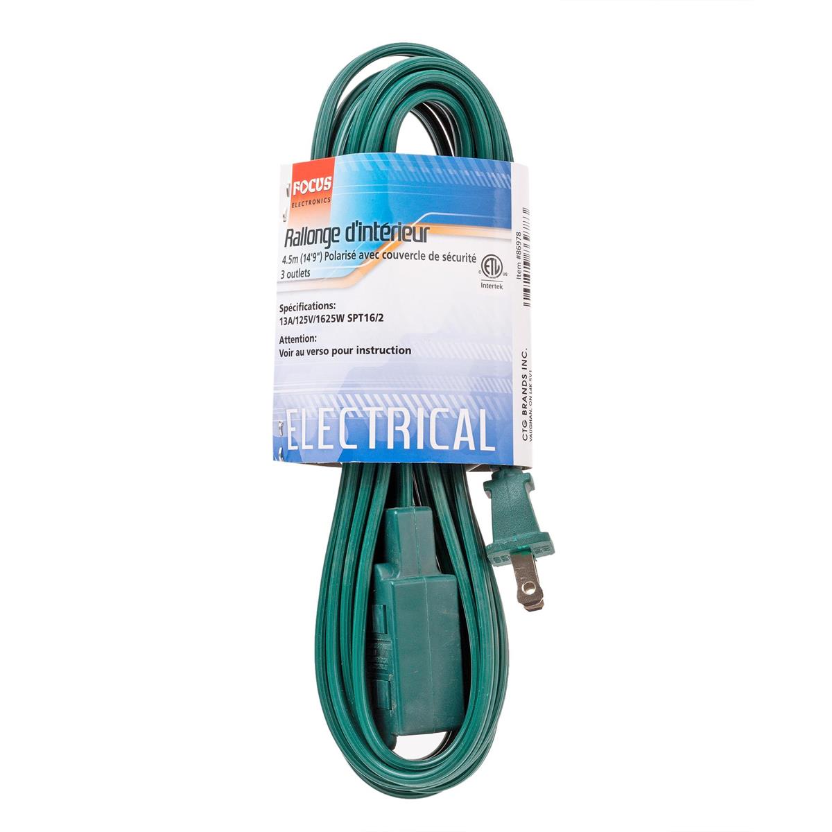 Focus Elect. 4.5M Extension Cord- Green, sleeve, CSA