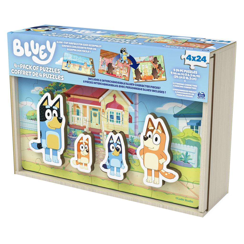 Bluey, 4-Pack of Wooden Puzzles with Bingo, Mum, and Dad Characters