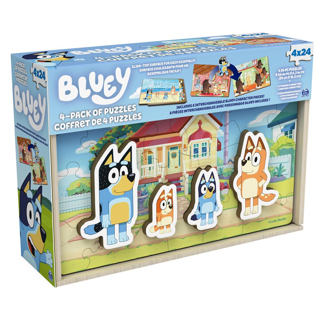 Bluey, 4-Pack of Wooden Puzzles with Bingo, Mum, and Dad Characters