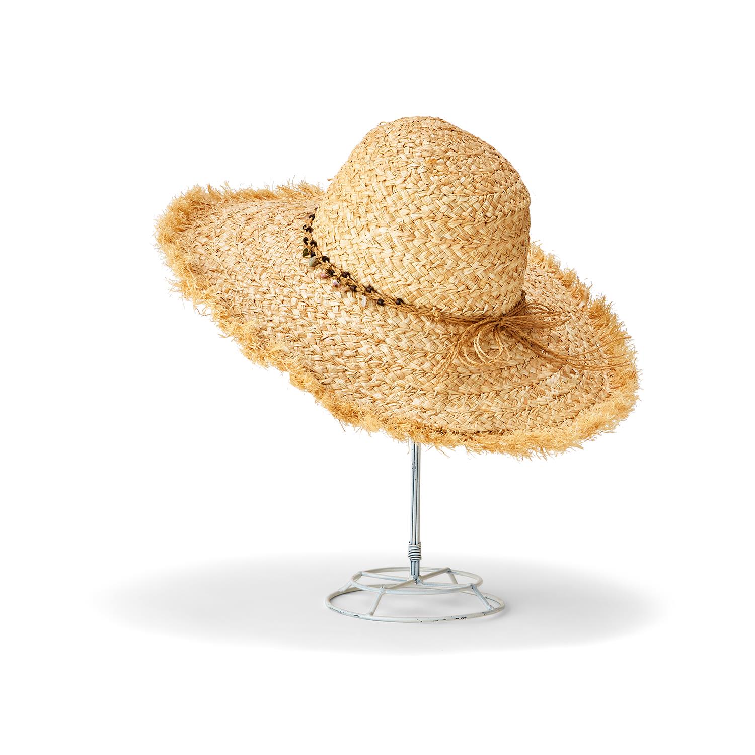 Raffia Wide Brim Hat with Beads and Fringe