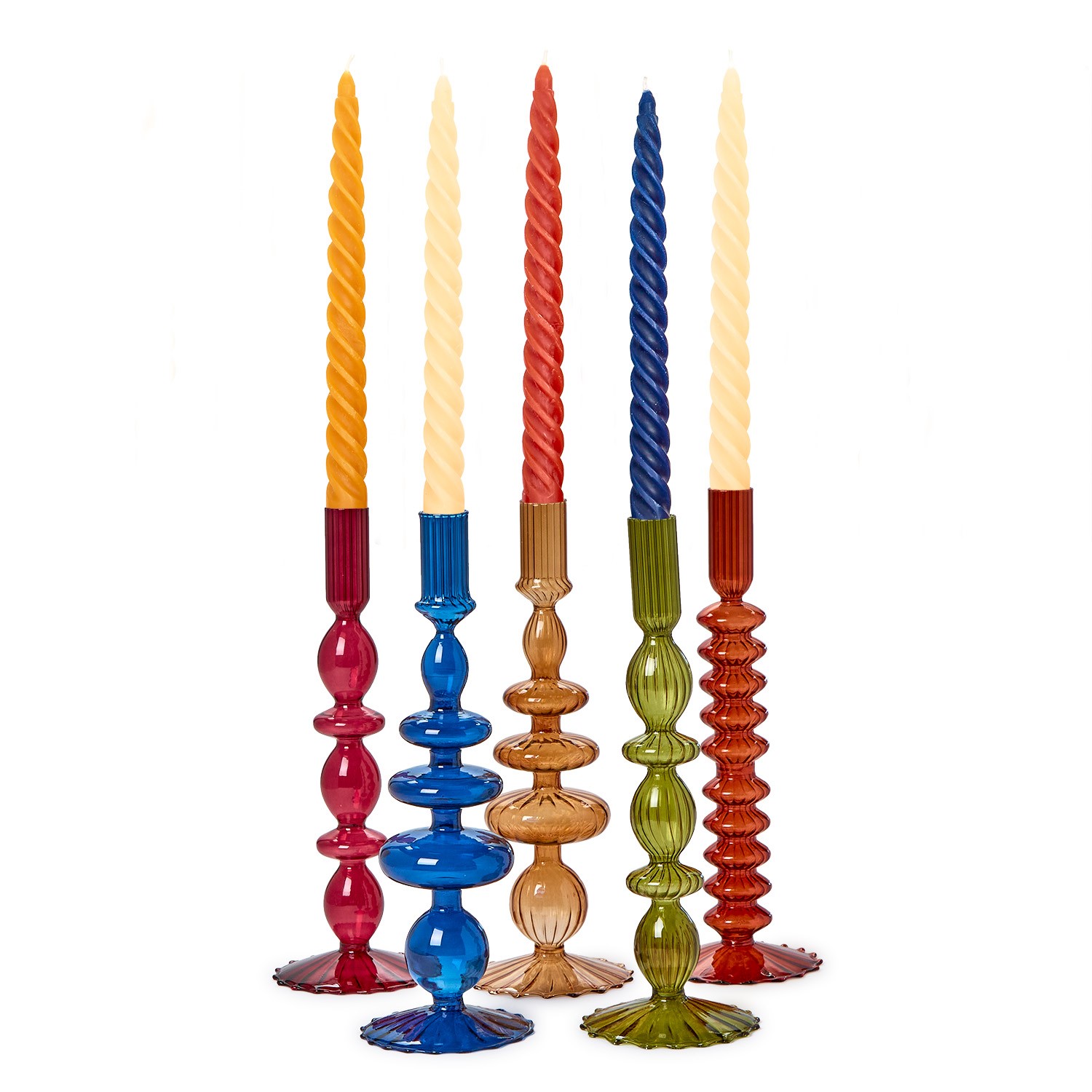 Set of 5 Jeweled Tones Hand-Blown Glass Taper Candleholders ...