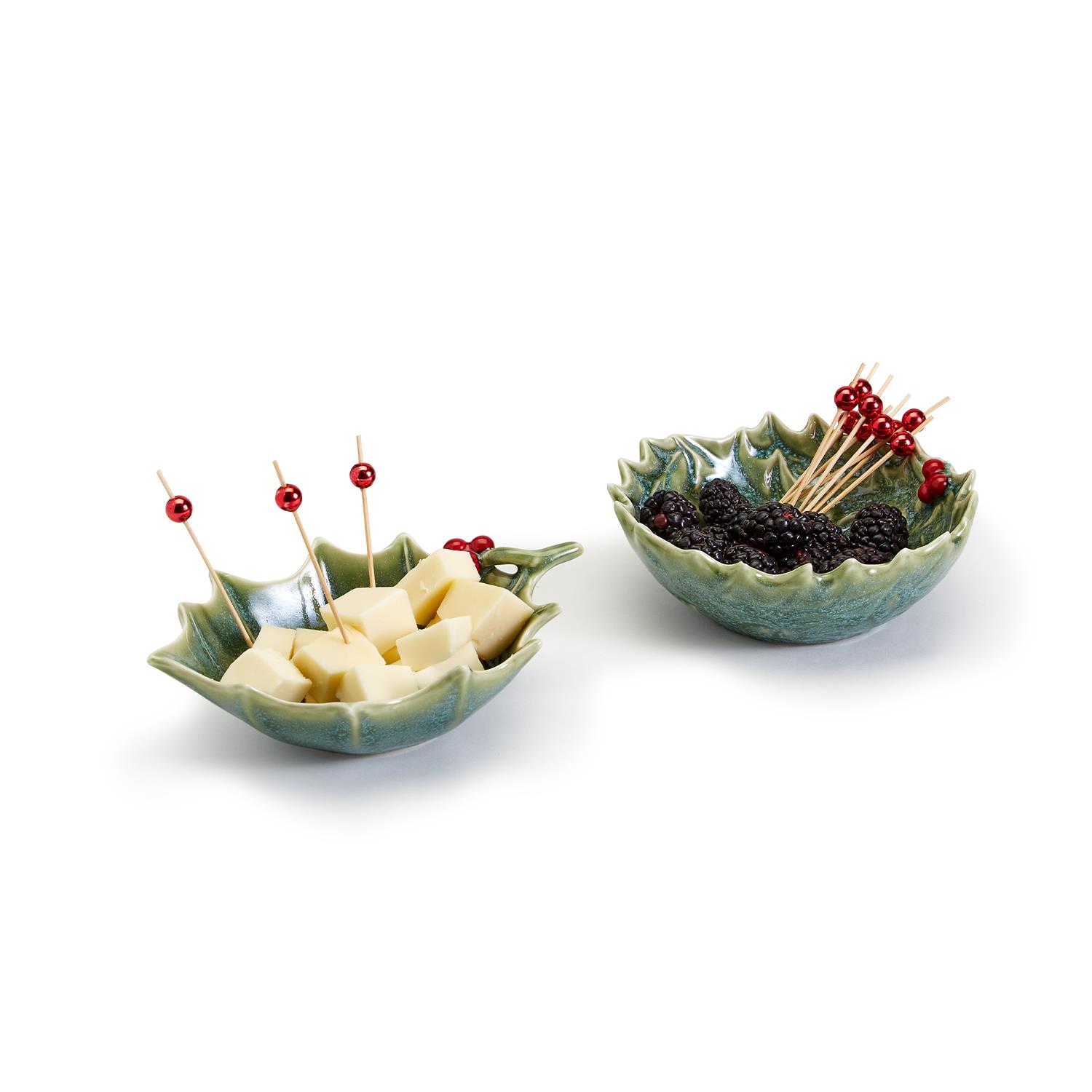 Holly Leaves and Berries Tidbit Dish W/ 20 Pc Bamboo Sticks Asst 2 Designs