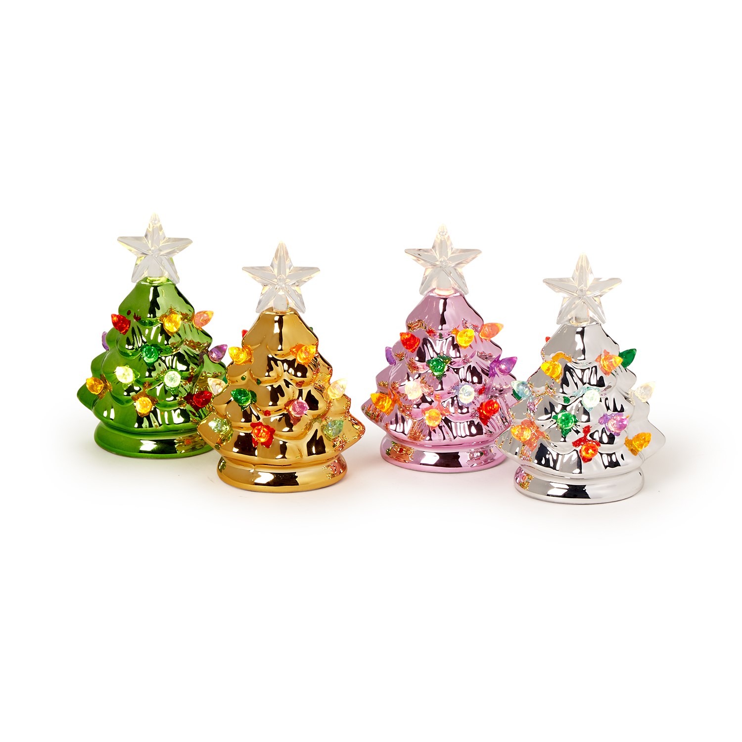 24 Pc Metallic Mini Trees with LED Lights Unit Includes 4 Colors