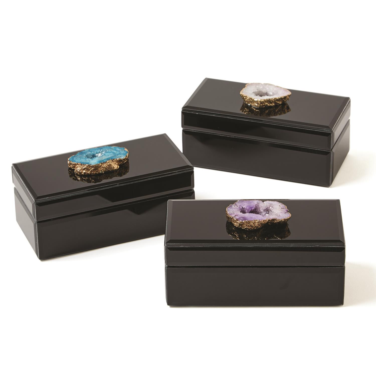 Geode Lined Hinged Black Glass Boxes w/Velvet Lining Asst 3 Stone Colors