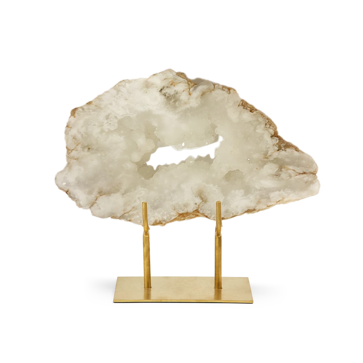White Quartz Geode Slab on Gold Stand