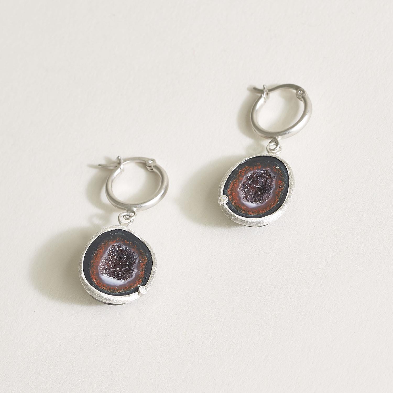 Geode Stone Rhodium Plated Hoop Earrings
