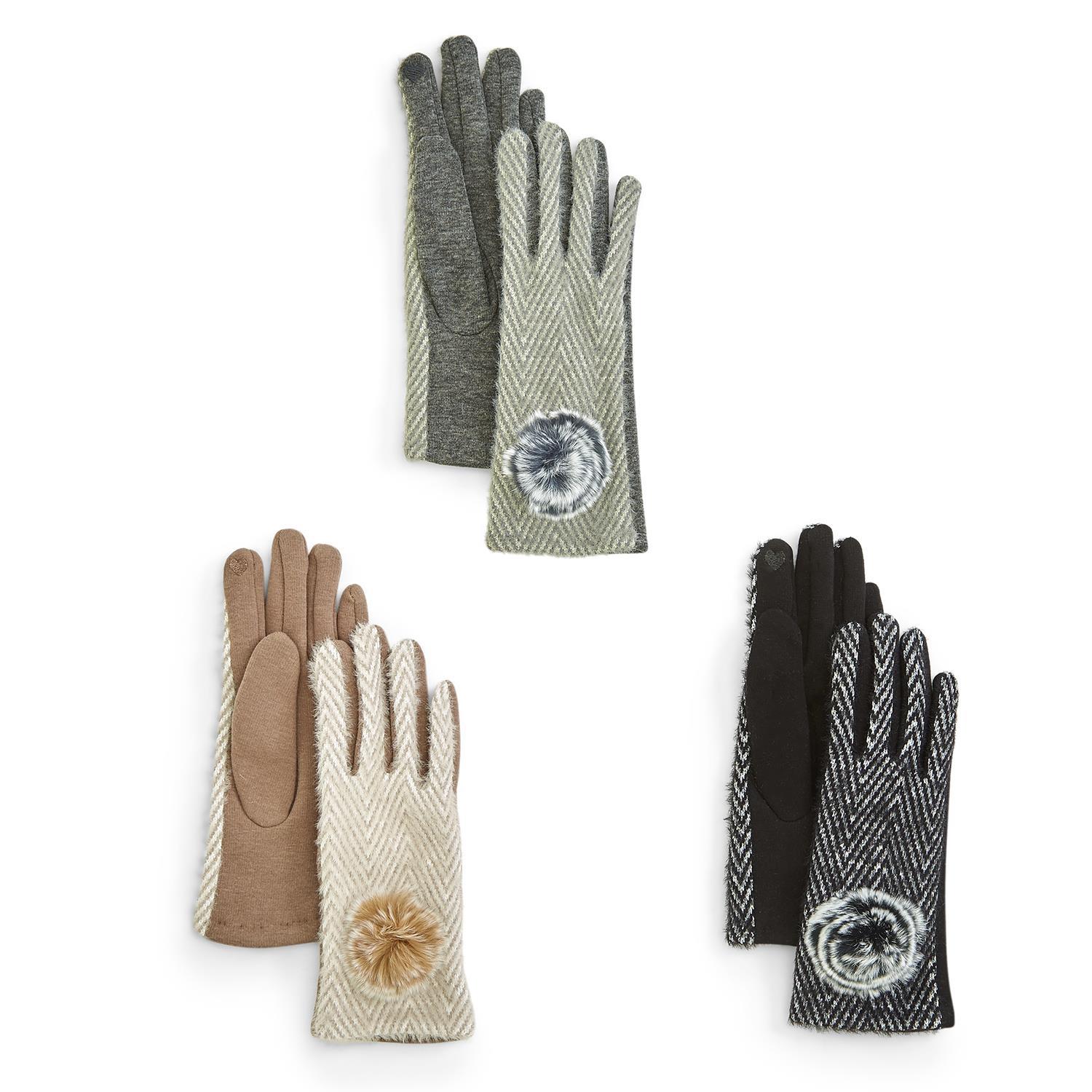 Fuzzy Chevron Gloves with Fur Pom Pom and Touchscreen Fingertips ...