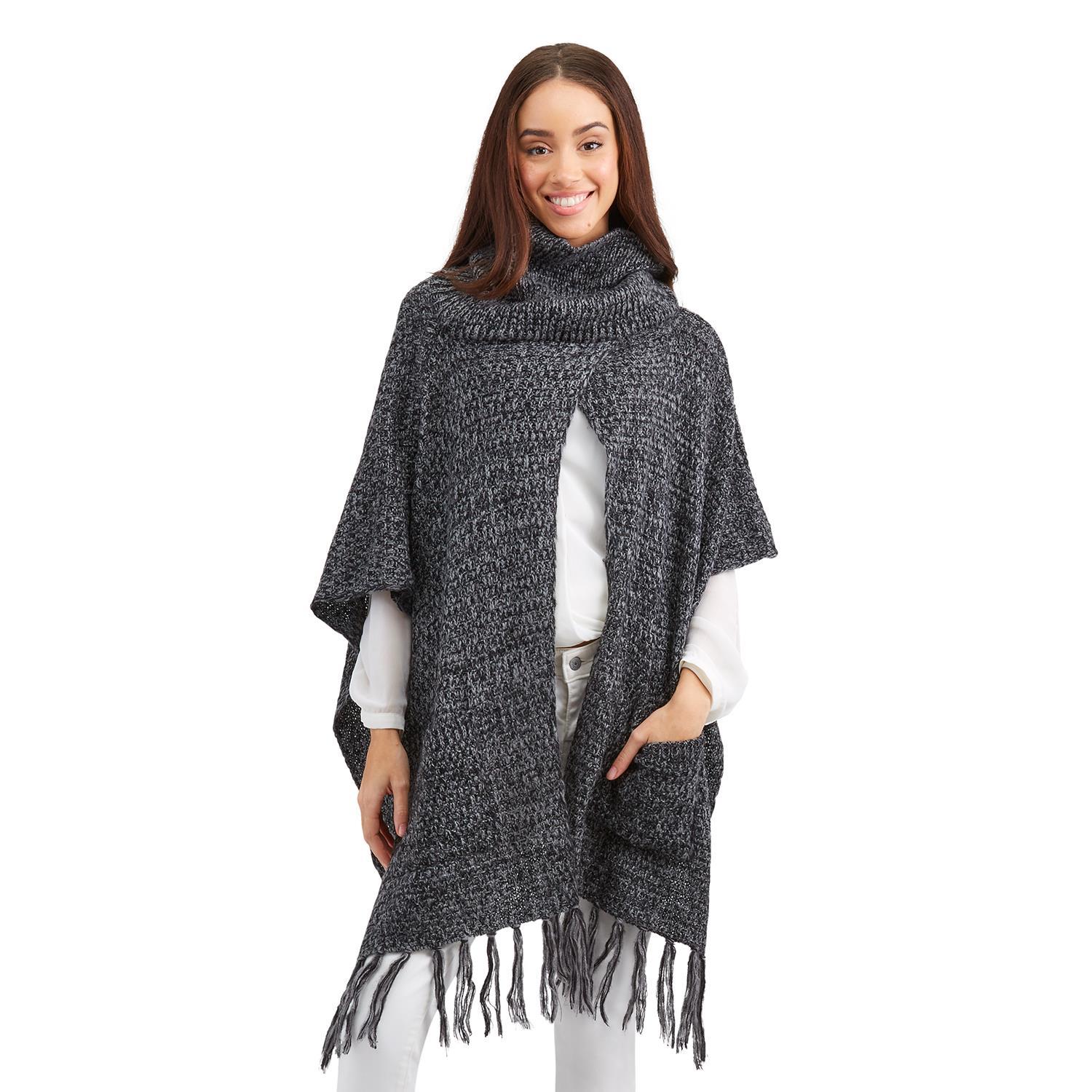Heathered Turtleneck Open Front Poncho with Pockets and Tassels A/2