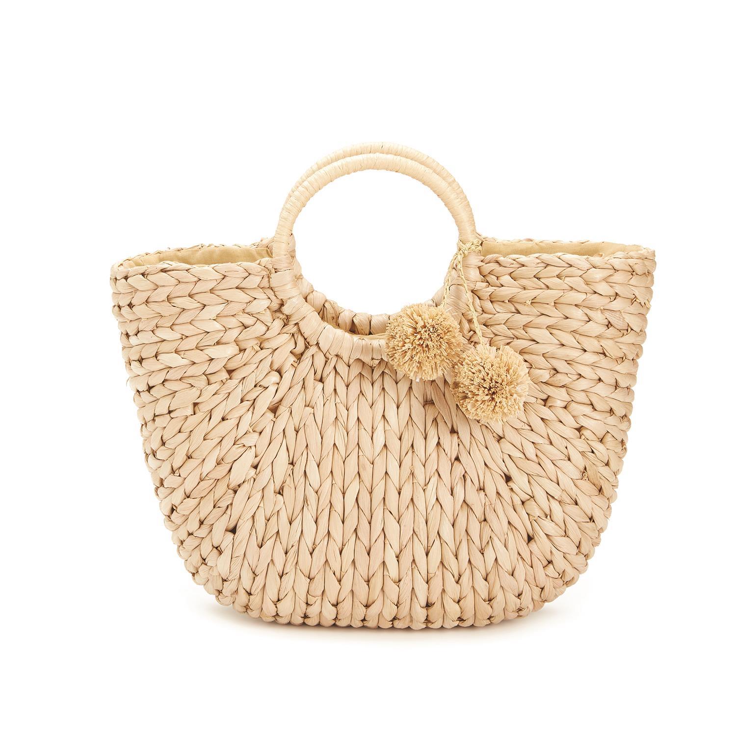 Corn Husk Basket Bag with Pom Poms