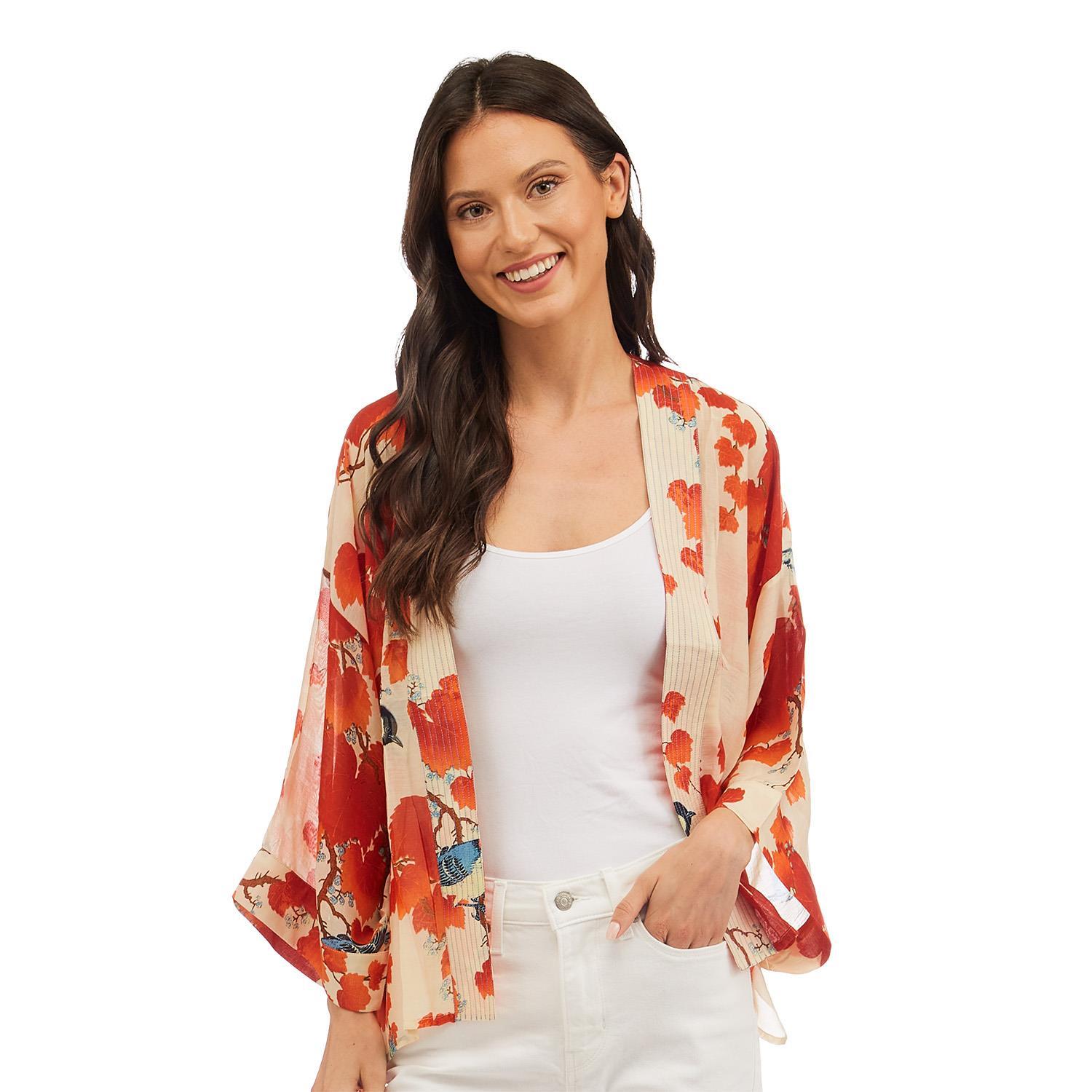 Blossom Branch Print Red Short Kimono