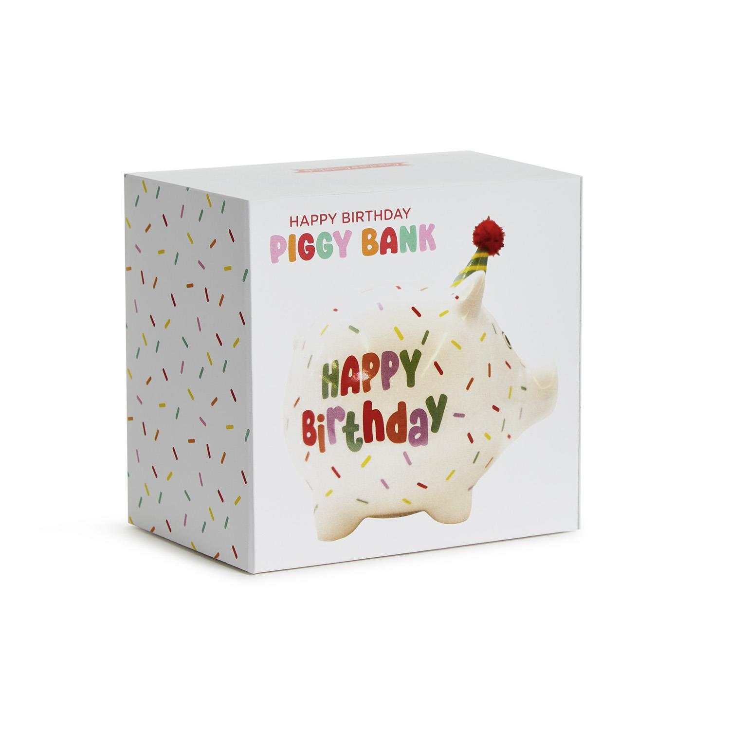 Happy Birthday Confetti Piggy Bank with Pom Pom Hat in Gift Box