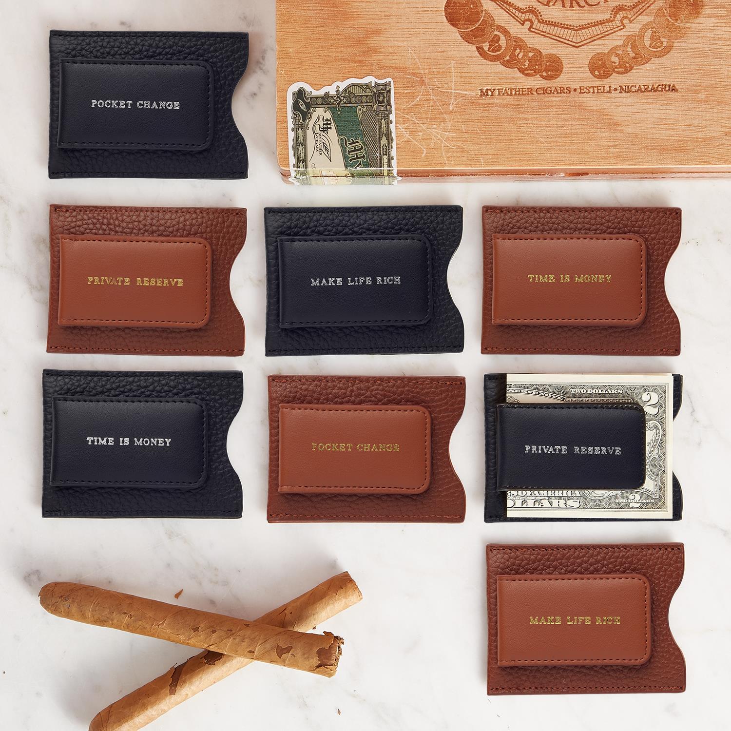 Leather Money Clip Card Case in Gift Box Asst 4 Sayings