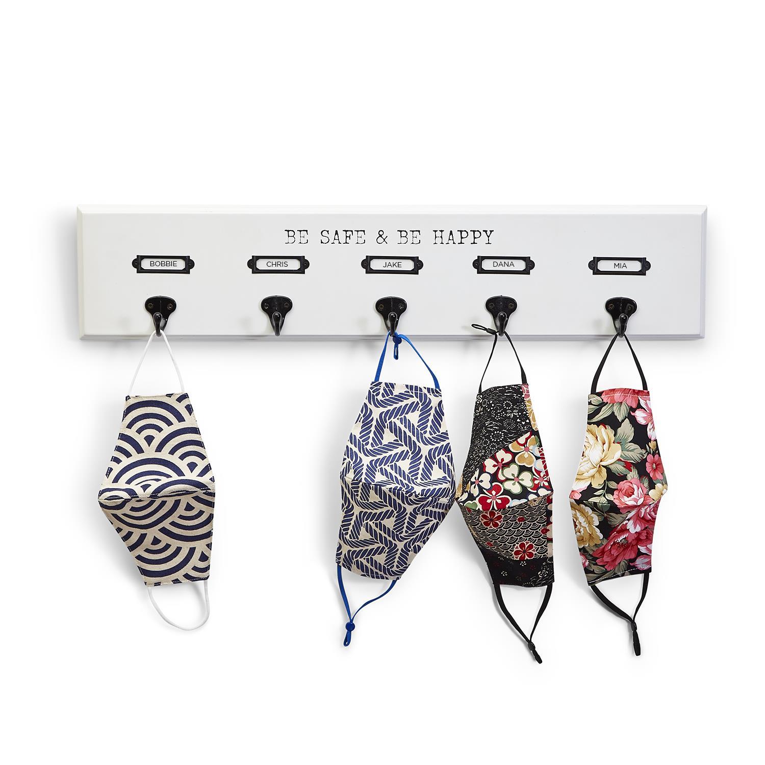 Be Safe & Be Happy Face Cover/Mask Wall Holder W/5 Hooks/Name Plates