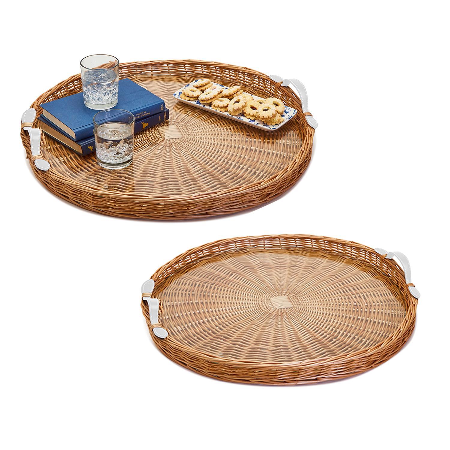 S/2 Round Wicker Tray White Handles