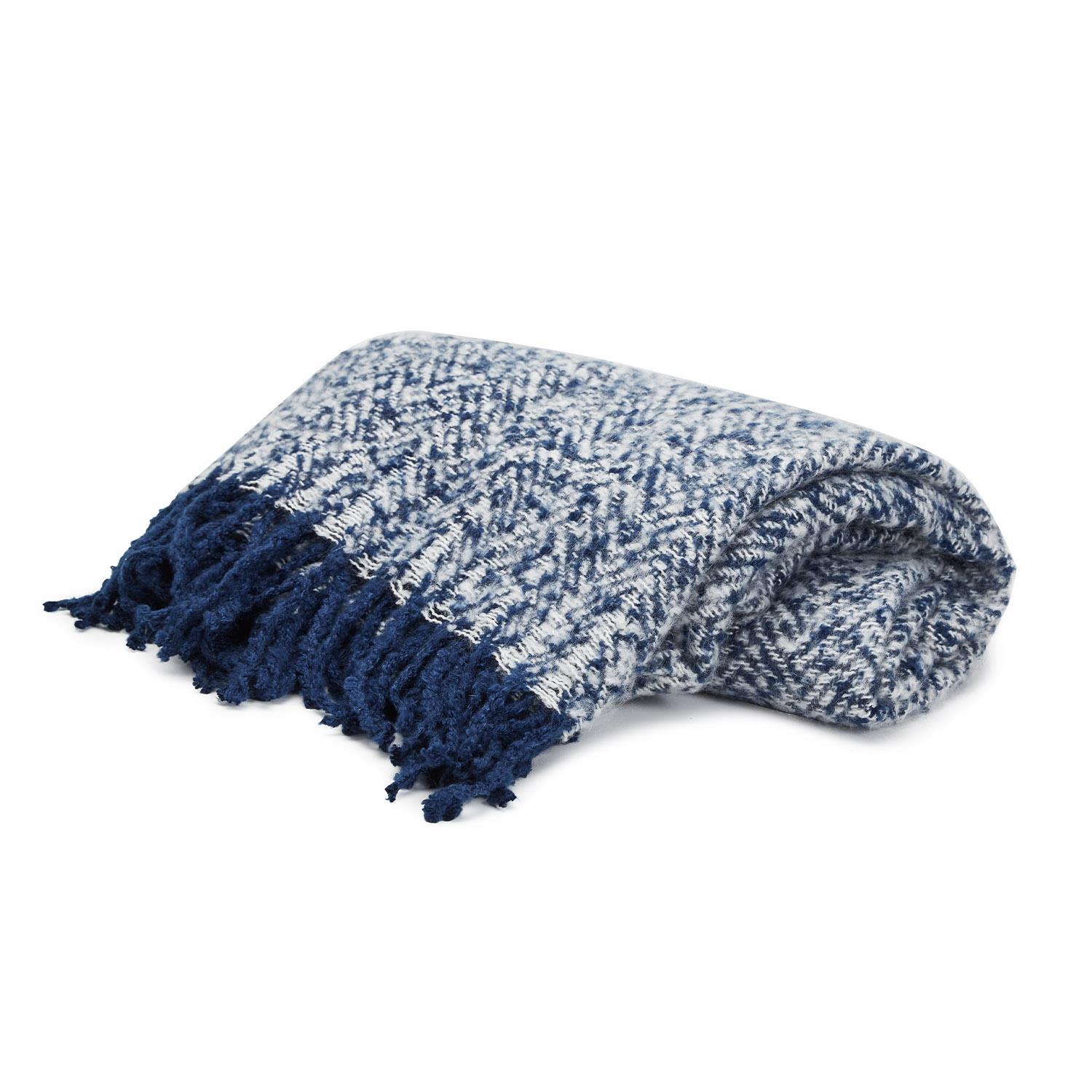 Blue Herringbone Chenille Fringed Throw