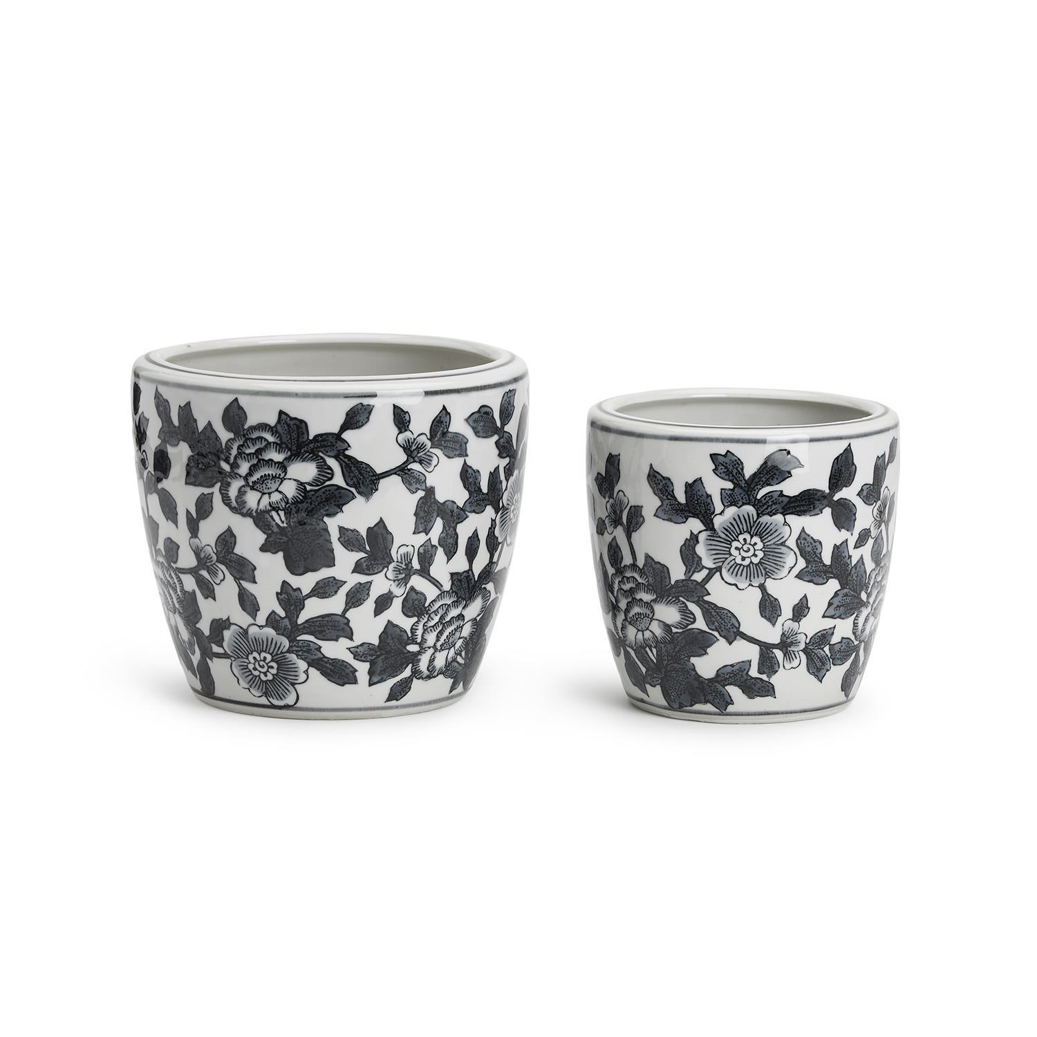 Black and White Set of 2 Hand-Painted Cachepot / Planter / Vase