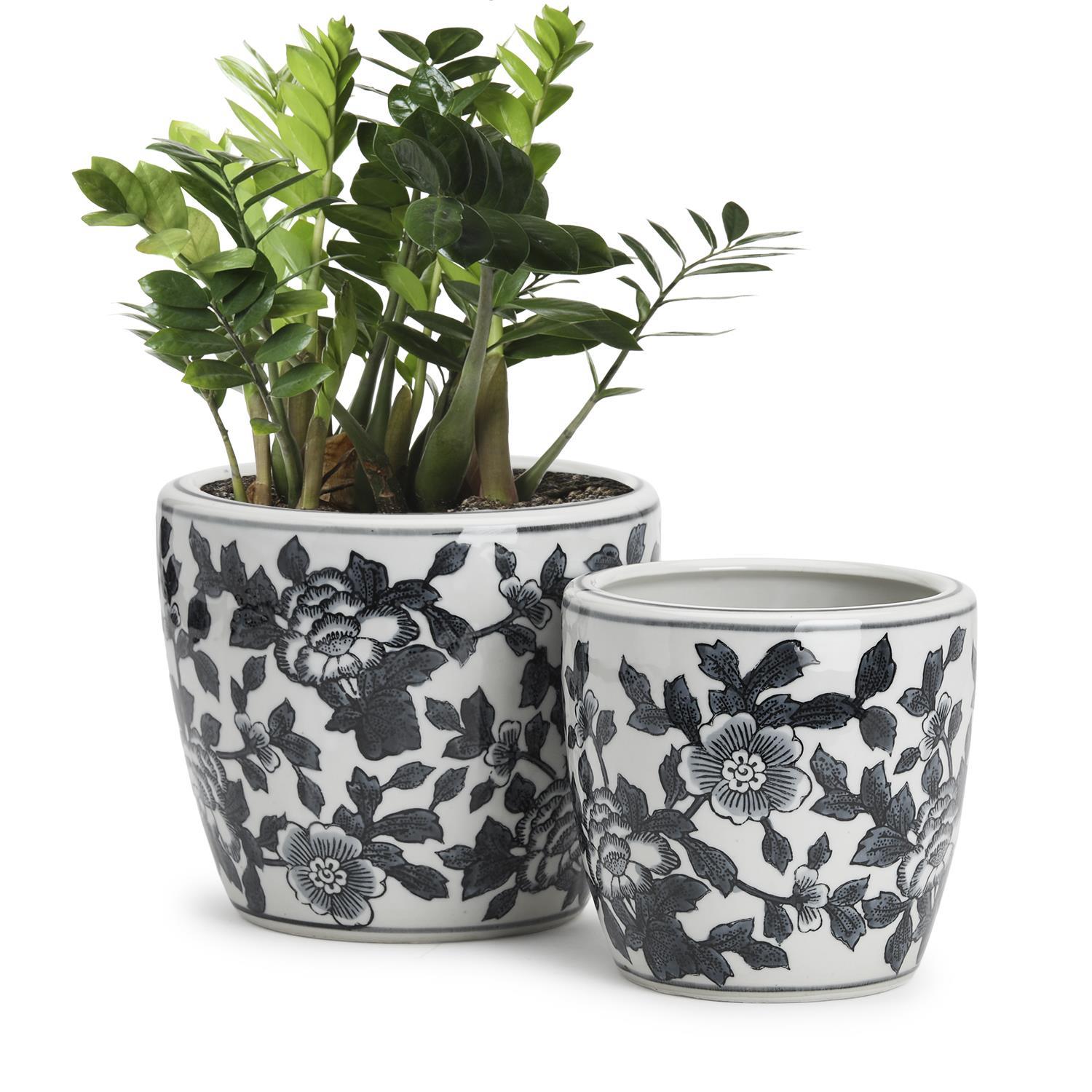 Black and White Set of 2 Hand-Painted Cachepot / Planter / Vase