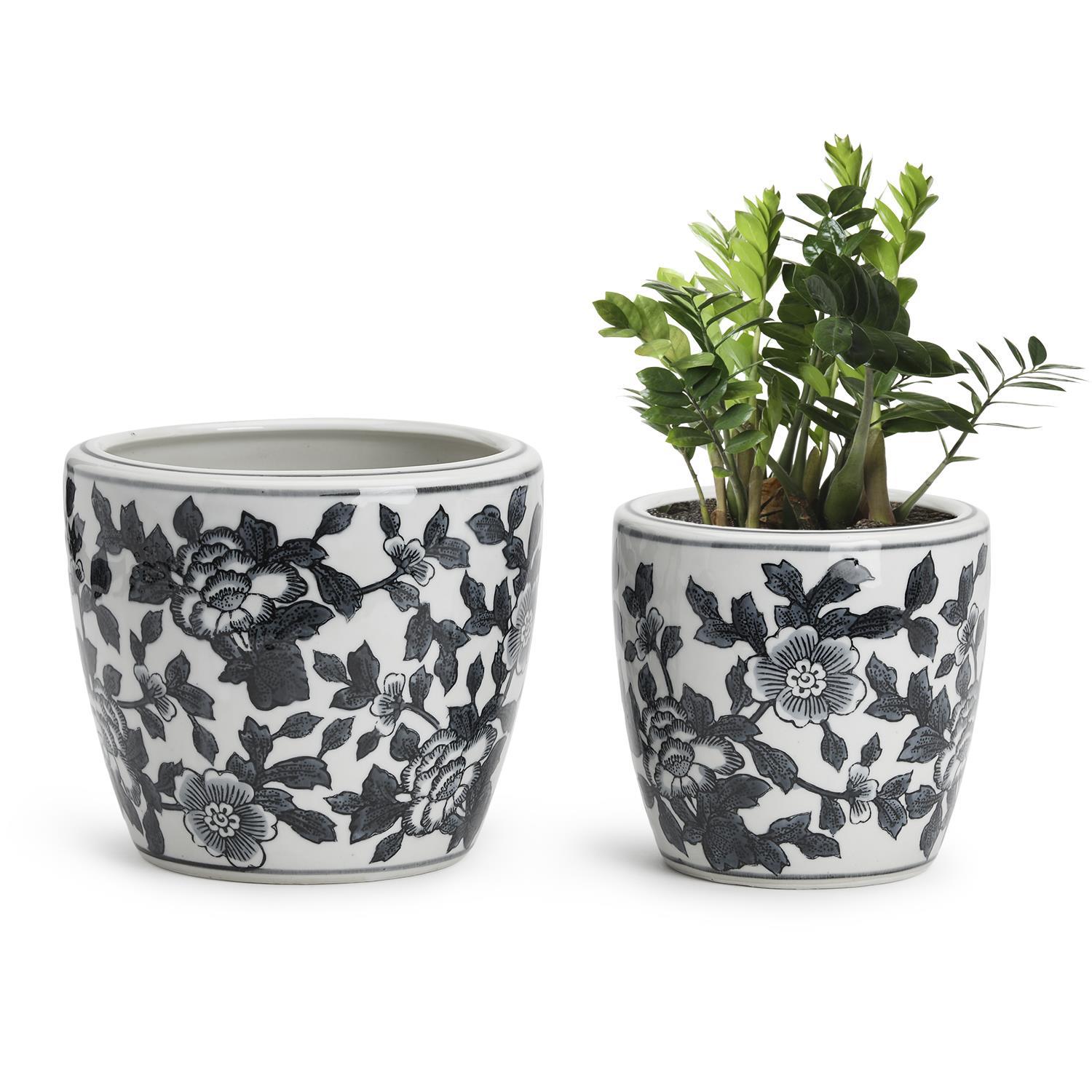 Black and White Set of 2 Hand-Painted Cachepot / Planter / Vase