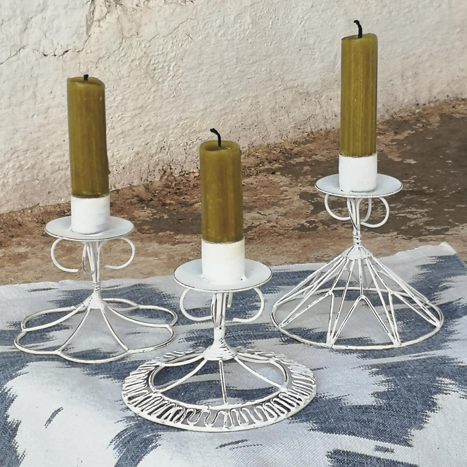 Set of 3 French Wireworks Muro Candlestick with Antique White Finish ...