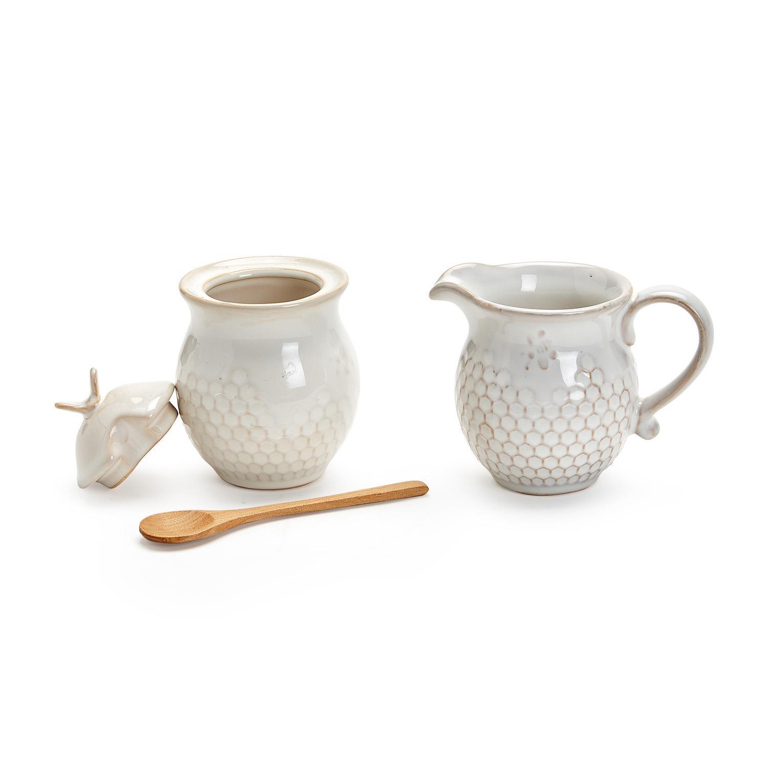 Bee Honeycomb Sugar and Creamer Set with Wooden Spoon