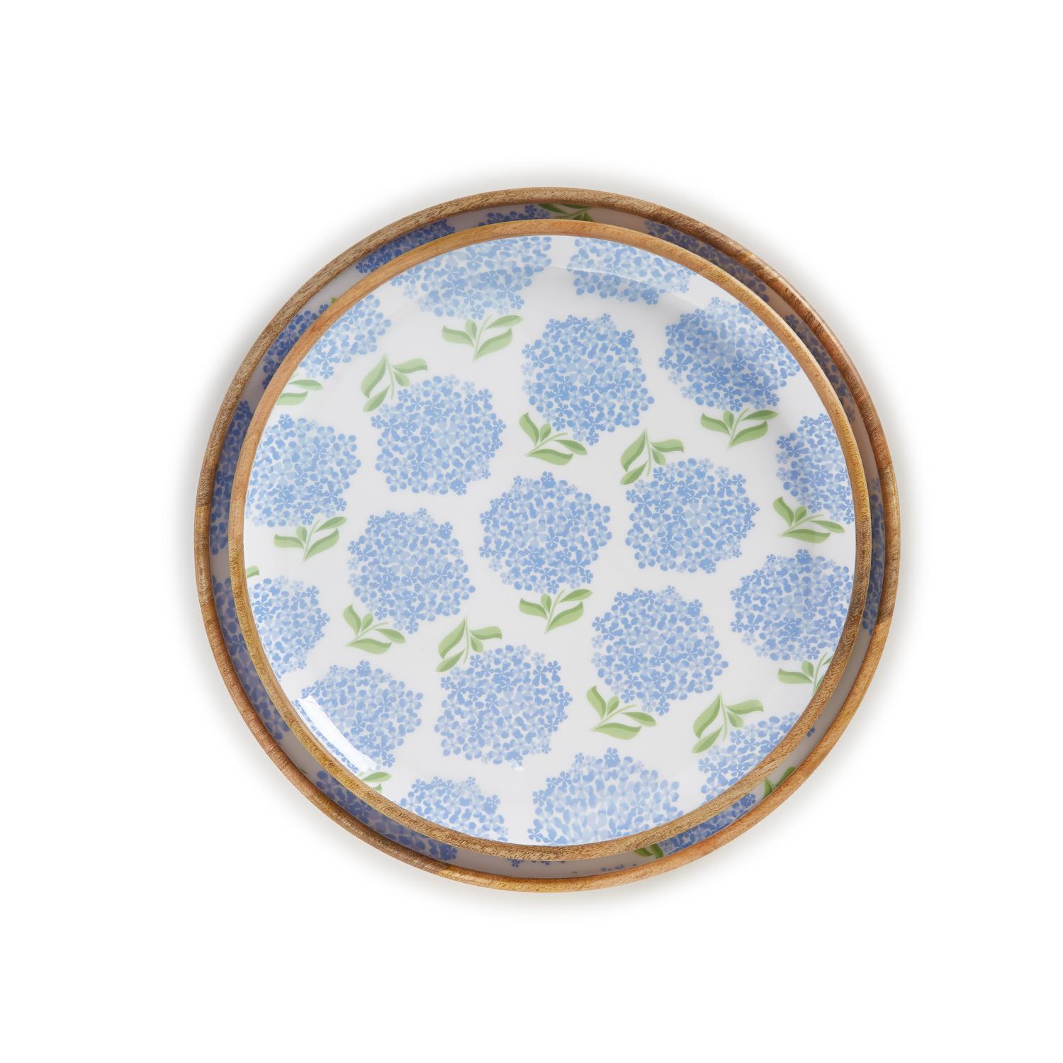 Hydrangea Set of 2 Hand-Crafted Wood Round Tray